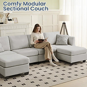 HALLYBEE Modular Sectional Sofa with Storage Seat Comfy Chenille Sectional Couches for Living Room with Ottoman U Shaped Couch 6 Seats Couch Light Grey