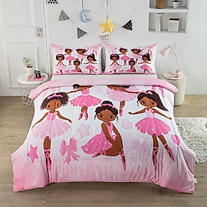 CKOU CCOO Girls Pink Ballerina Comforter Set Twin,African American Black Girl Bedding Set,Cute Little Ballet Princess Comforter Set Bedspread for Kids Toddler Girls BeBedroom Set Room Decor