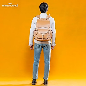 Handmade World Vintage Full Grain 20 Inch Leather Laptop Backpack Casual Bookbag Daypack Camping Travel Rucksack Knapsack (Camel Brown)