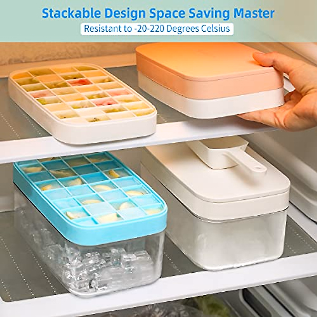 Ice Cube Tray With Lid and Bin - Silicone Ice Tray For Freezer | Comes with Ice Container, Scoop and Cover| BPA Free| Space Saving Ice Cube Molds