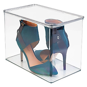 mDesign Stackable Plastic Closet Storage Container Shoebox with Hinge Lid - Individual Transparent Storage Organizer Containers for Shoes - Ligne Collection, Clear