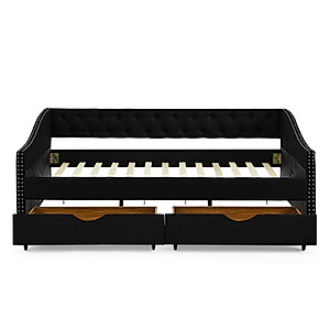 Flieks Linen Upholstered Full Daybed with Two Storage Drawers, Full Size Button Tufted Sofa Bed Daybed with Nailhead Trim and Wood Slat Support (Black)