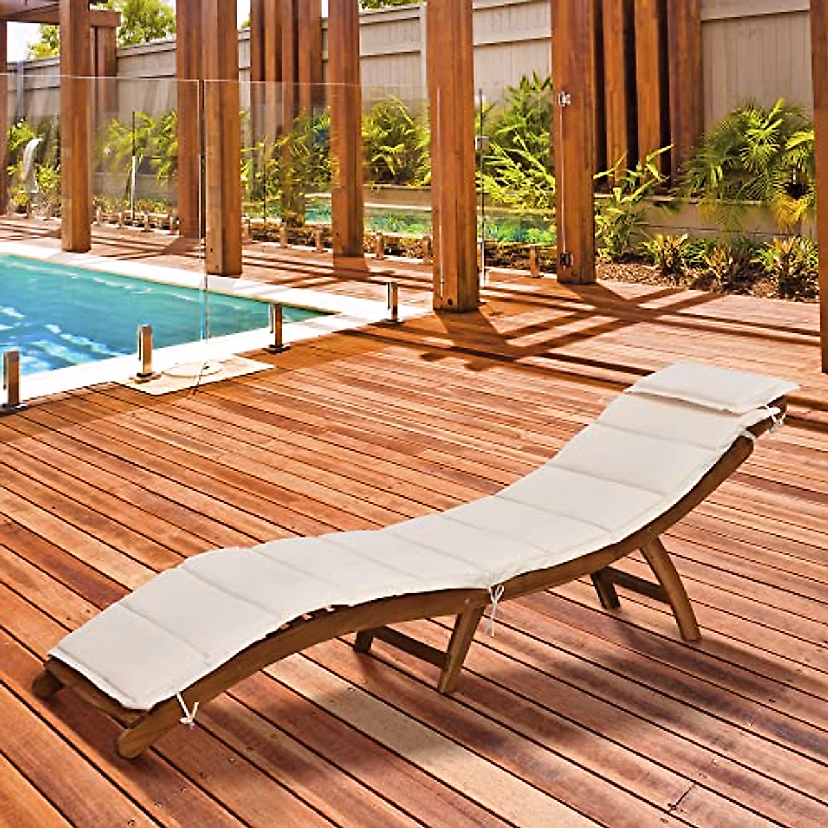 Outsunny Outdoor Chaise Lounge, Acacia Wood Folding Sun Lounger Chair with Cushion Pad for Patio, Garden, Lawn, Backyard, Cream White
