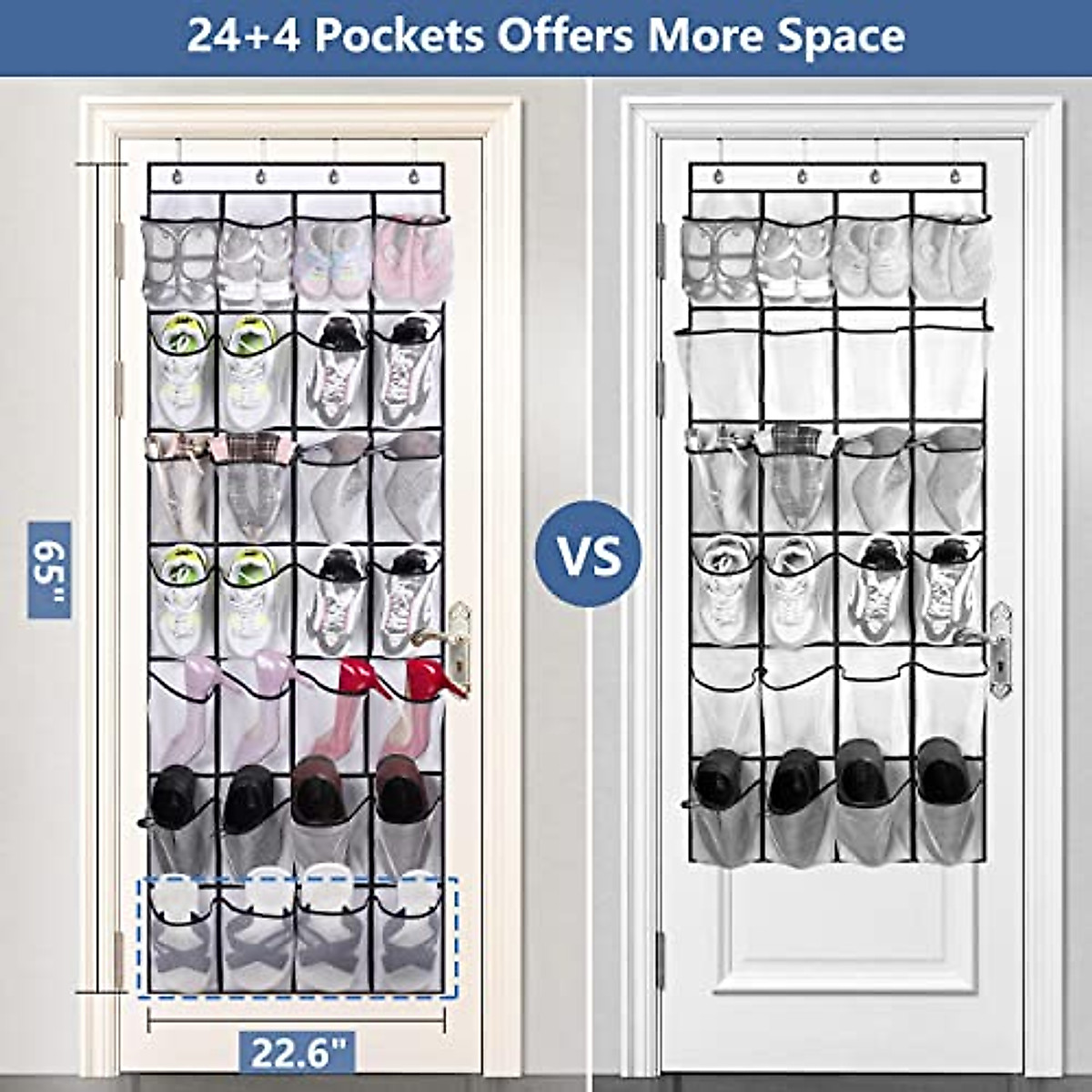 MISSLO 24 + 28 Large Pockets Over The Door Shoe Organizer Mesh Pockets and Over The Door Shoe Rack Hanging Shoe Organizer for Closet Door