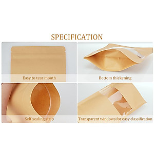 50 Pcs Stand Up Kraft Paper Bags with Window, Resealable Zip Lock Food Storage pouch,dog treat bags,Bakery Bags coffee bags candy bags sealable small business 5.5 x7.9 Inch, (Medium 5.5 * 7.9 Inch)