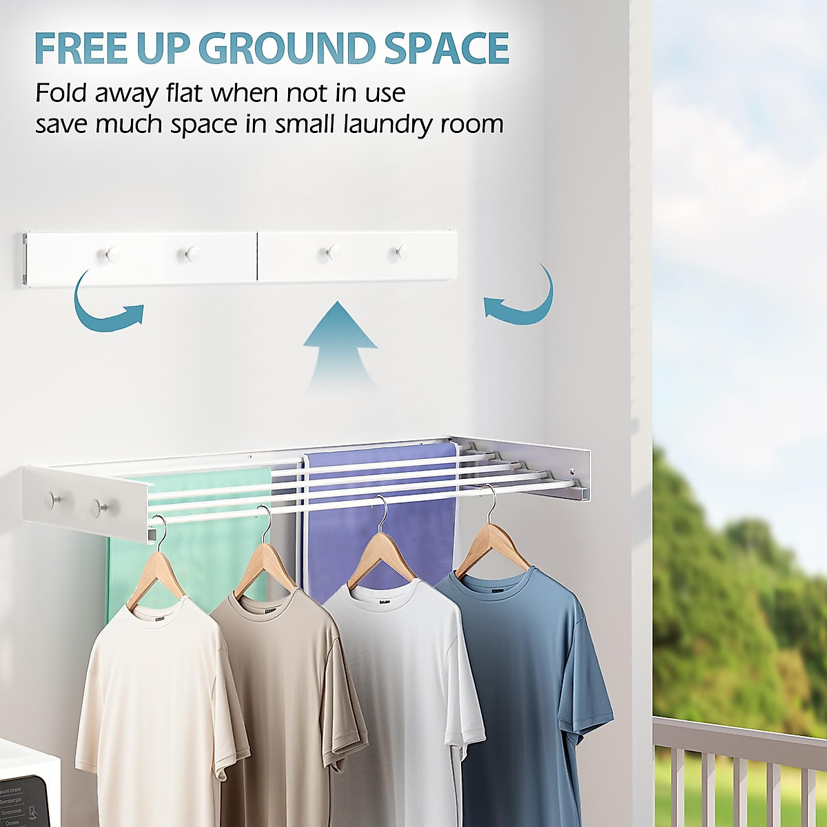 Wall Mounted Drying Rack 31.5", Upgrade 6 Knob Hooks, 5 Aluminum Poles, 40 lb. Load Capacity, Foldable, Retractable, Space Saving Clothes Drying Rack (31.5" White)