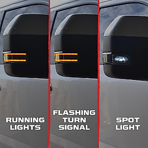 RECON Ford 17-24 Super Duty F250/F350/F450 Side Mirror Lenses (2-Piece Set) w/Amber LED Running Lights, Amber Blinking LED Turn Signals & White LED Spot Lights - Smoked Lens