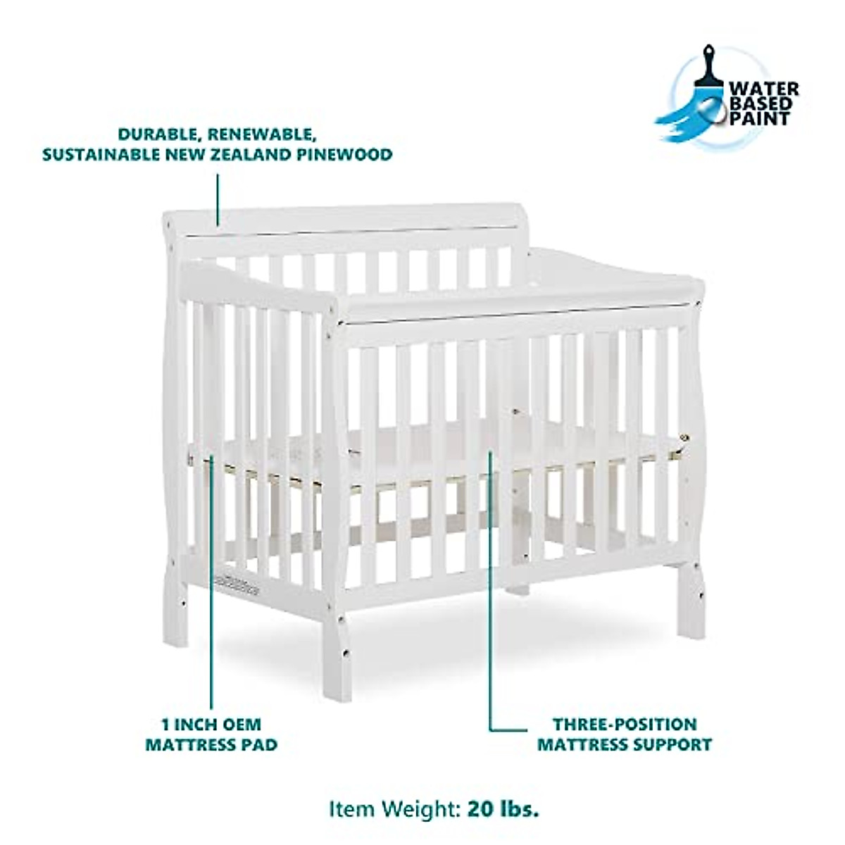 Dream On Me Aden 4-in-1 Convertible Mini Crib In White, Greenguard Gold Certified, Non-Toxic Finish, New Zealand Pinewood, With 3 Mattress Height Settings