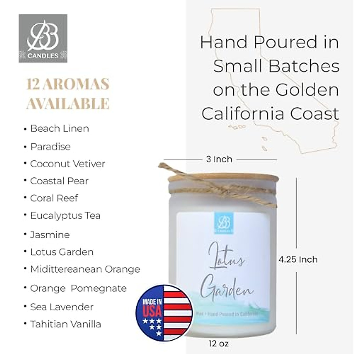 BB Candles Coastal Essentials Natural Soy Hand Poured Candle, Lotus Garden Scent, Fragrant Coastal Candle with Strong Scents, Artisan Candle, 12oz, 90+ Hours Burn Time
