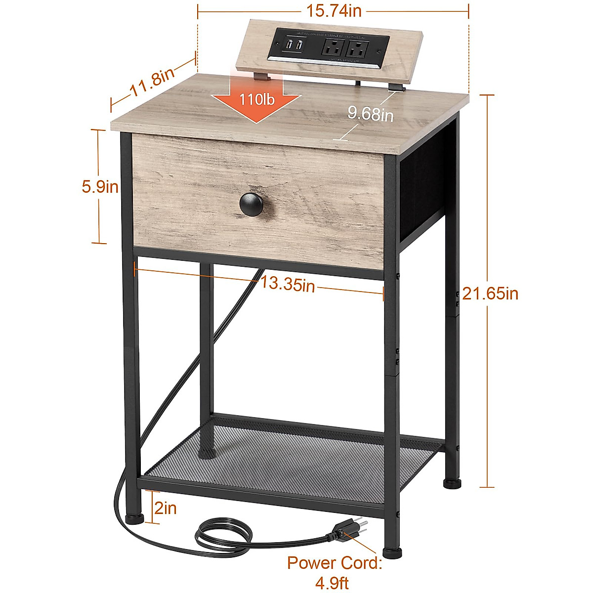 AMHANCIBLE Night Stand Set 2, Small Nightstand with Charging Station, Laundry Hamper with 2 Section