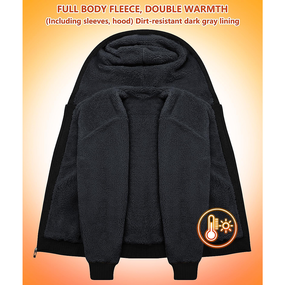 GEEK LIGHTING Hoodies for Men Heavyweight Fleece Sweatshirt - Full Zip Up Thick Sherpa Lined, Pure black XXL