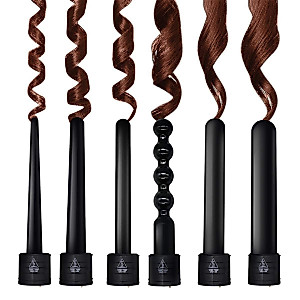 6 in 1 Curling Iron Wand Set with 6 Interchangeable Ceramic Barrels and Heat Protective Glove (Black-6in1) (Black-6)