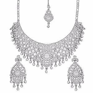 Touchstone Indian Bollywood Masterly Created Sparkling White Rhinestones Studded Look Grand Bridal Jewelry Necklace Earrings Mangtika Set In White Tone For Women.