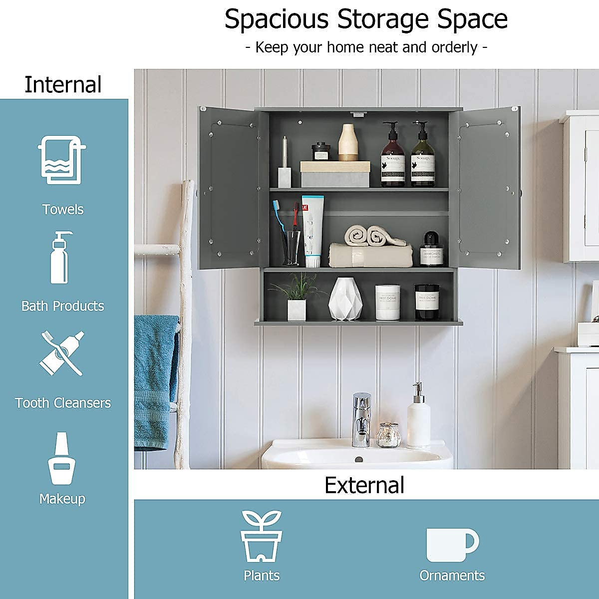 Salches Wall Mounted Bathroom 2 Mirrored Doors, Over-Toilet Hanging w/Shelves, Wooden Storage Organizer Medicine Cabinets, Grey