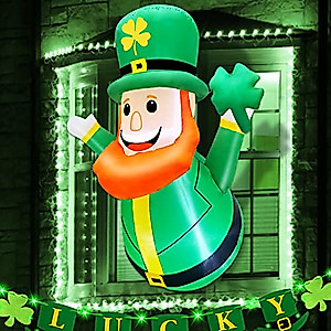 TURNMEON 3.5 Ft St. Patrick's Day Inflatable Decoration Outdoor Blow Up Leprechaun Holds Shamrocks Clover Lean Out from Window with LED Lights Irish St.Patrick's Day Decorations Yard Lawn Garden Party