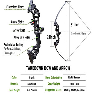 Archery Bows for Adults, Takedown Aluminum Alloy Riser Bow and Arrow Set for Adults Beginners, 30 40 Lbs Right Hand Archery Set with 12 Arrows Recurve Kit