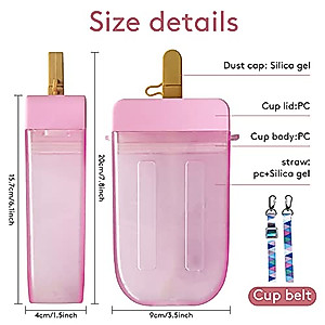 Popsicle Water Bottle with Strap, Creative Ice Cream Water Bottle, Cute Water Bottles with Straws, Transparent Water Jug Juice Drinking Cup Suitable for Camping Sports Shopping Kids School(Pink)