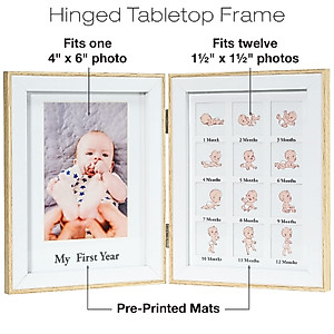 EXCELLO GLOBAL PRODUCTS Baby’s First Year Folding Picture Frame, Natural Wood Finish, Holds 1 4x6 Baby Photo, 12 Monthly Photos