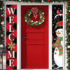 Christmas Porch Signs Snowman Christmas Decorations Supplies Merry Christmas Hanging Flags Welcome Winter Door Banners for Holiday Home Indoor Outdoor Wall Xmas Decor