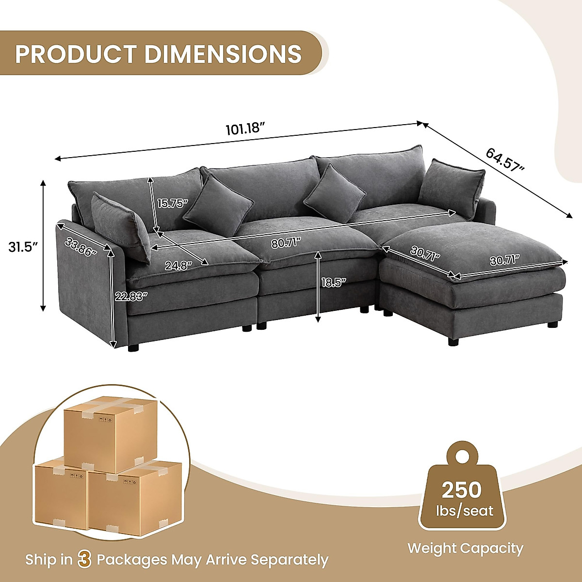 Comfy Cloud Couches for Living Room, 24.8" Extra Deep Modular Sectional Sofa with Ottoman Fluffy Chenille Modern Sofas Upholstered Comfortable L-Shaped Couch for Apartment Lounge Furniture Set (Grey)