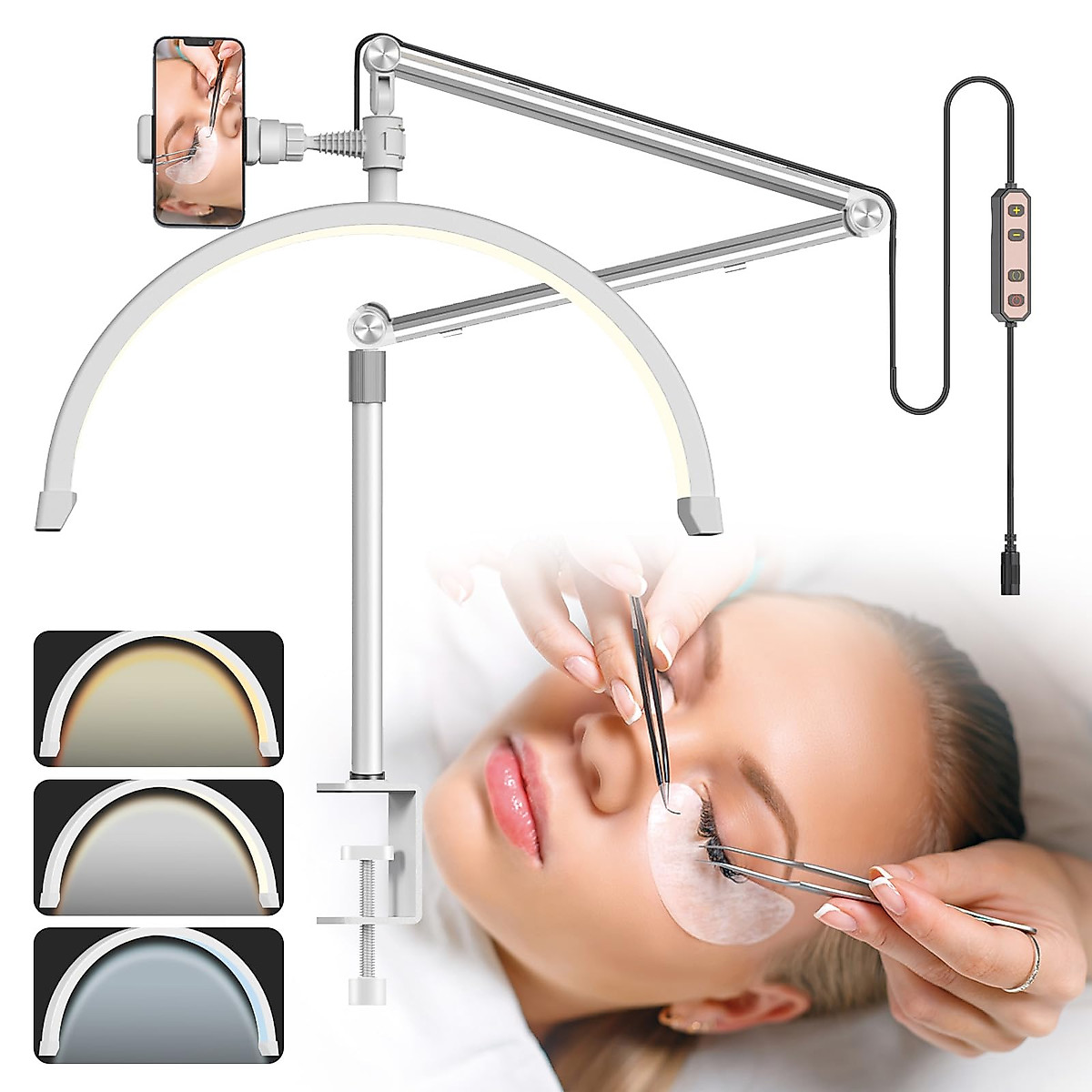 Beautycity Half Moon Lash Light for Eyelash Extensions, Half Moon Lash Lamp with Phone Holder for Makeup, Nail, Facial, Tattoo - Dimmable Eyelash Lamp & Color Temperature 3000K-6000K