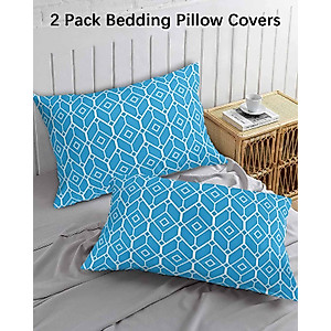 Edwiinsa Blue Pillow Covers King Standard Set of 2 Bed Pillow, White Modern Geometric Abstract Art Aesthetics Plush Soft Comfort for Hair/Skin Cooling Pillowcases with Envelop Closure 20''x36''