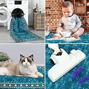 ROYHOME 9x12 Area Rug Extra Large Rug Machine Washable Modern Bordered Area Rug Geometric Border Stain Resistant Non-Slip Accent Rug Floor Cover Carpet Rug for Living Room Bedroom, Turquoise