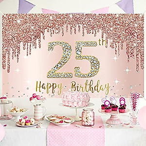 Happy 25th Birthday Banner Backdrop Decorations for Women, Rose Gold 25 Birthday Party Sign Supplies, Pink 25 Year Old Birthday Poster Background Photo Booth Props Decor