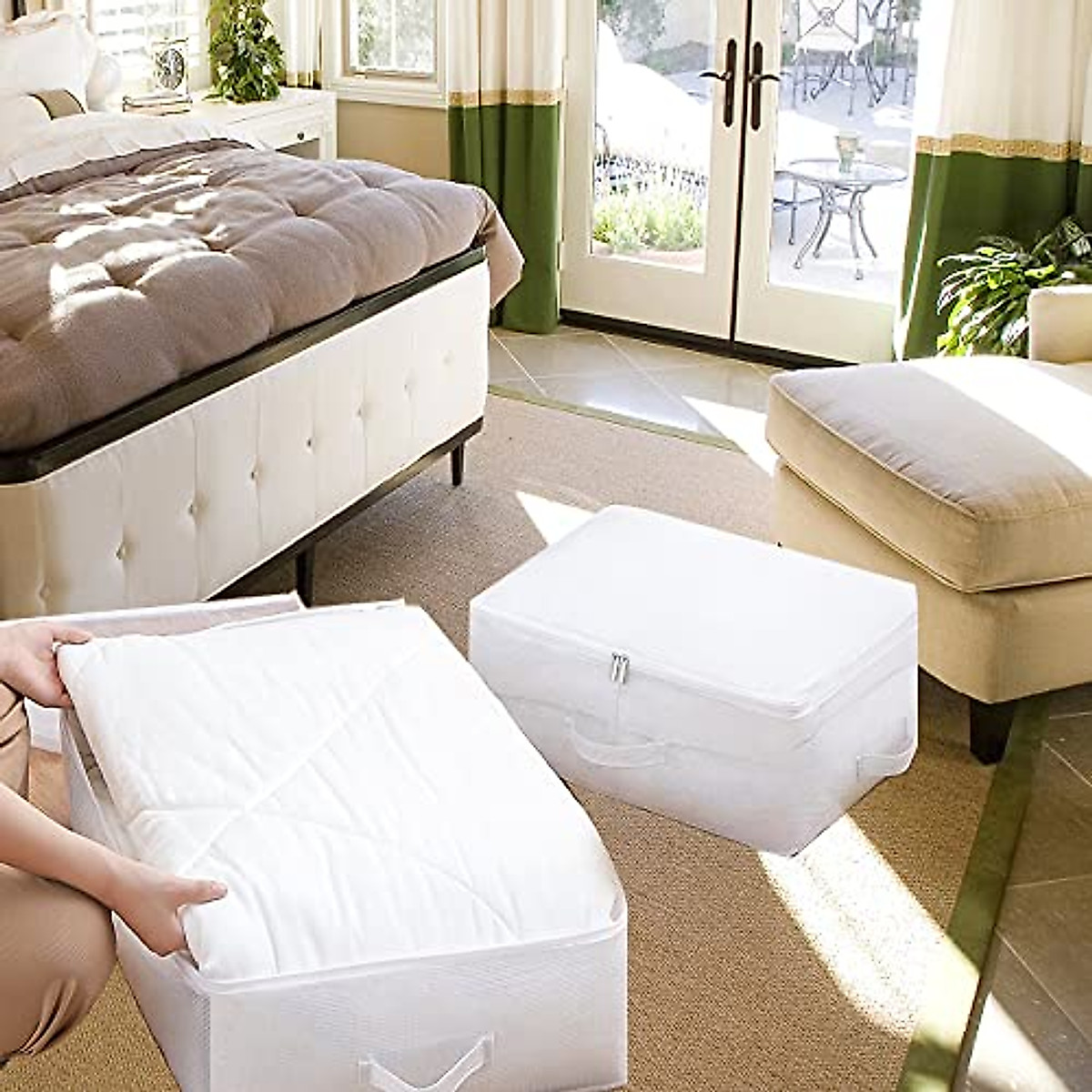2-Pack Under Bed Storage Containers 58L Foldable PVC Bag Large Capacity Storage Containers with Strong Zipper, 3 Reinforced Handles, Low Profile Underbed Storage Bins for Clothes, Blankets, Shoes