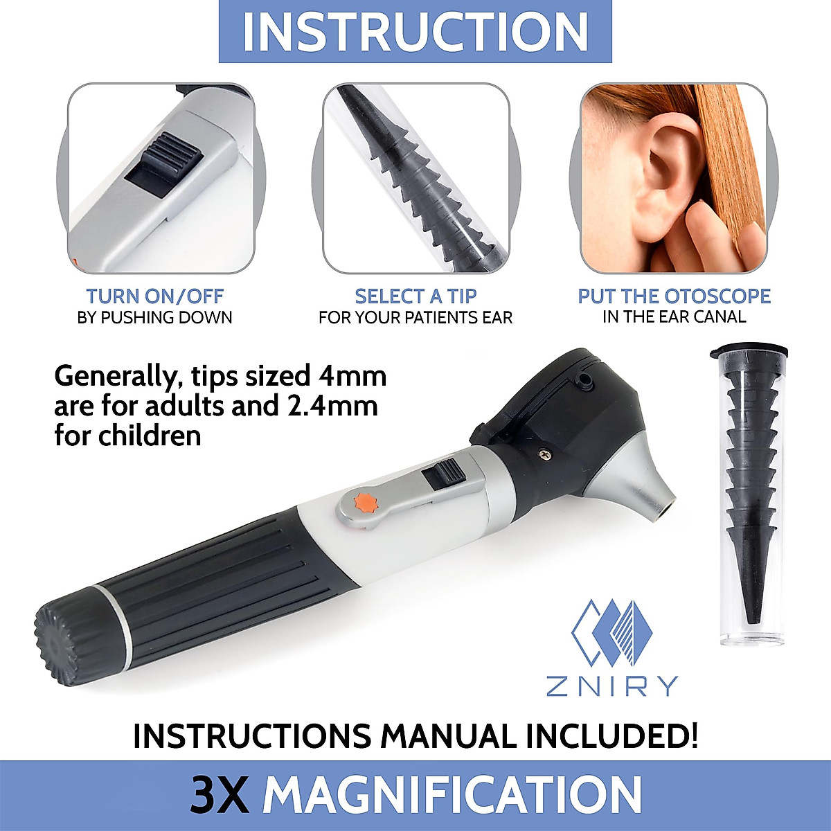 Zniry Fiber Optic Mini Otoscope - Ear Scope with Light, Ear Infection Detector (Black Color)