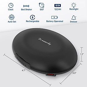 DreamSky Vibrating Alarm Clock for Heavy Sleepers - Auto Set Bed Shaker Alarm Clock Under Pillow for Hearing Impaired, Bedroom, Travel, Rechargeable Battery Operated, Cordless, Auto DST, LCD Backlight