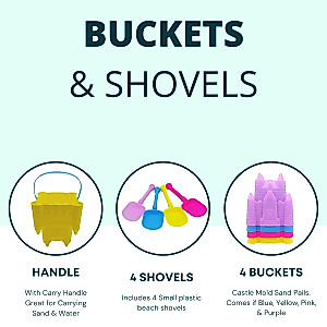 4E's Novelty (4 Sets) Castle Beach Buckets and Shovels, Large Size 7" - Sand Castle Building Kit, Sandcastle Molds Beach Toys for Kids 3-10, Outdoor Sand Toys for Toddlers