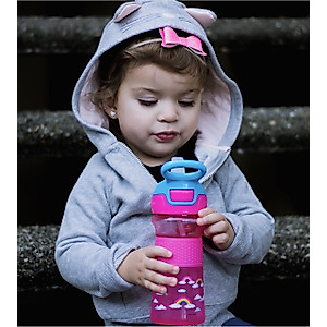 Nuby Thirsty Kids Push Button Flip-it Soft Spout on The Go Water Bottle with Easy Grip Band, Pink Rainbows, 12 Ounce