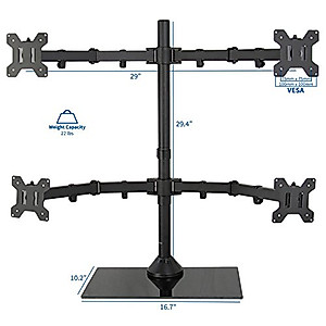 VIVO Black Adjustable Quad Monitor Desk Stand Mount, Free Standing Heavy Duty Glass Base, Holds 4 Screens up to 27 inches, STAND-V004FG