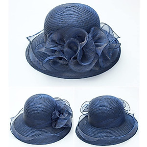 Organza Kentucky Fascinator Hat for Women - Derby Cocktail Tea Party Sun Hat Wedding Bridal Flower Church Hat Packable Dark Navy