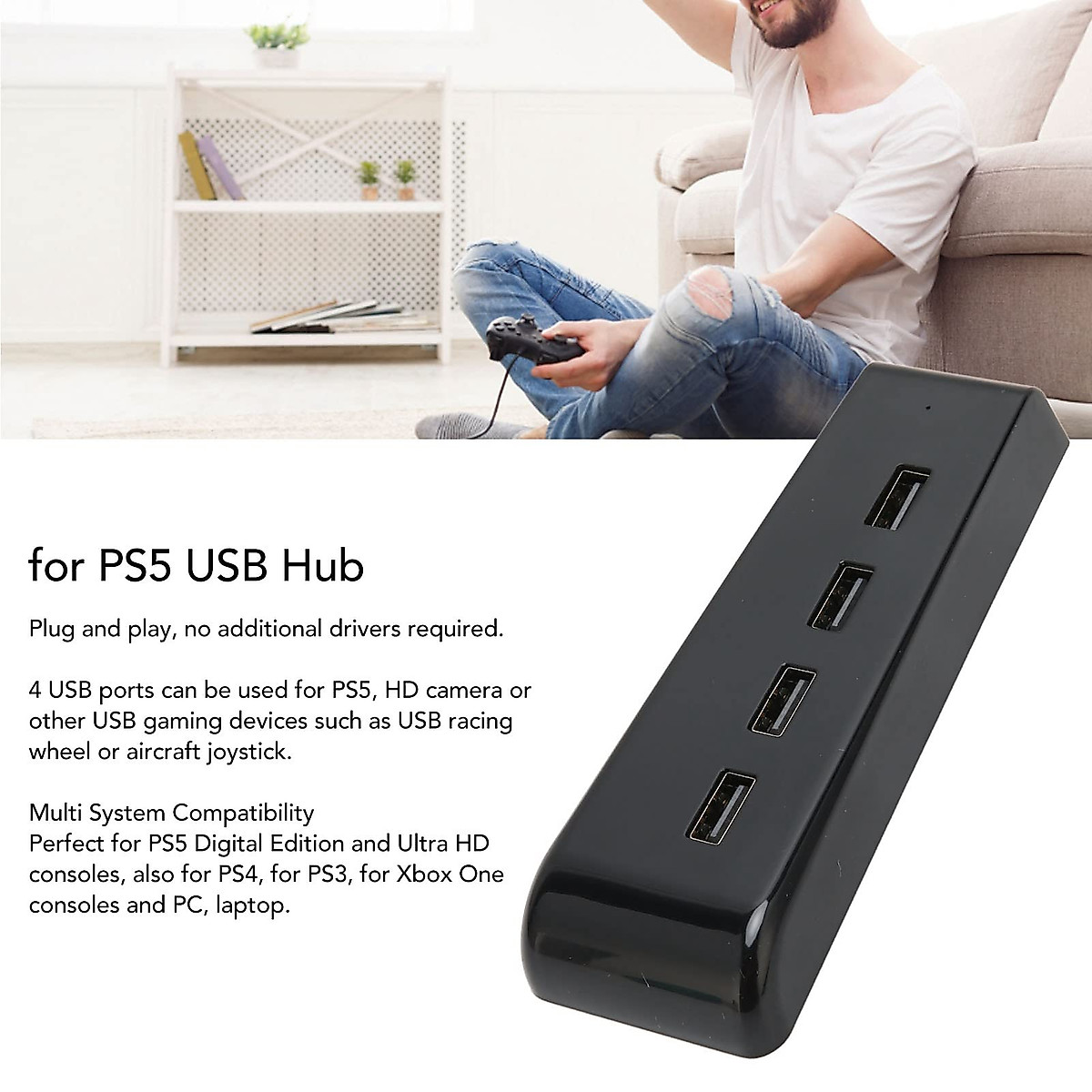 USB Hub for PS5, 4 USB 2.0 Extenders Connect Mouse, USB Drive, Controller Charger HD Camera, Fast Transfer Speed Suitable for PS5 Digital and Ultra HD Consoles