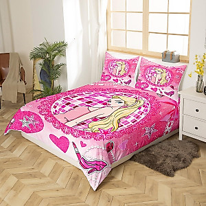 Pink Girly Princess Kids Duvet Cover Set Twin Size,High-heeled Shoes Lip Bowknot Romantic Bedding Set,Beauty Girls Room Decor,Glitter Sequin Diamond Comforter Cover,Dreamy Quilt Cover,1 Pillowcase