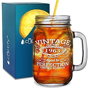 Cuptify 60th Birthday Gift for Women and Men Vintage 60 Years Old Time 1963 Etched Mason Jar Glass 16 oz Drinking Glasses with Handle