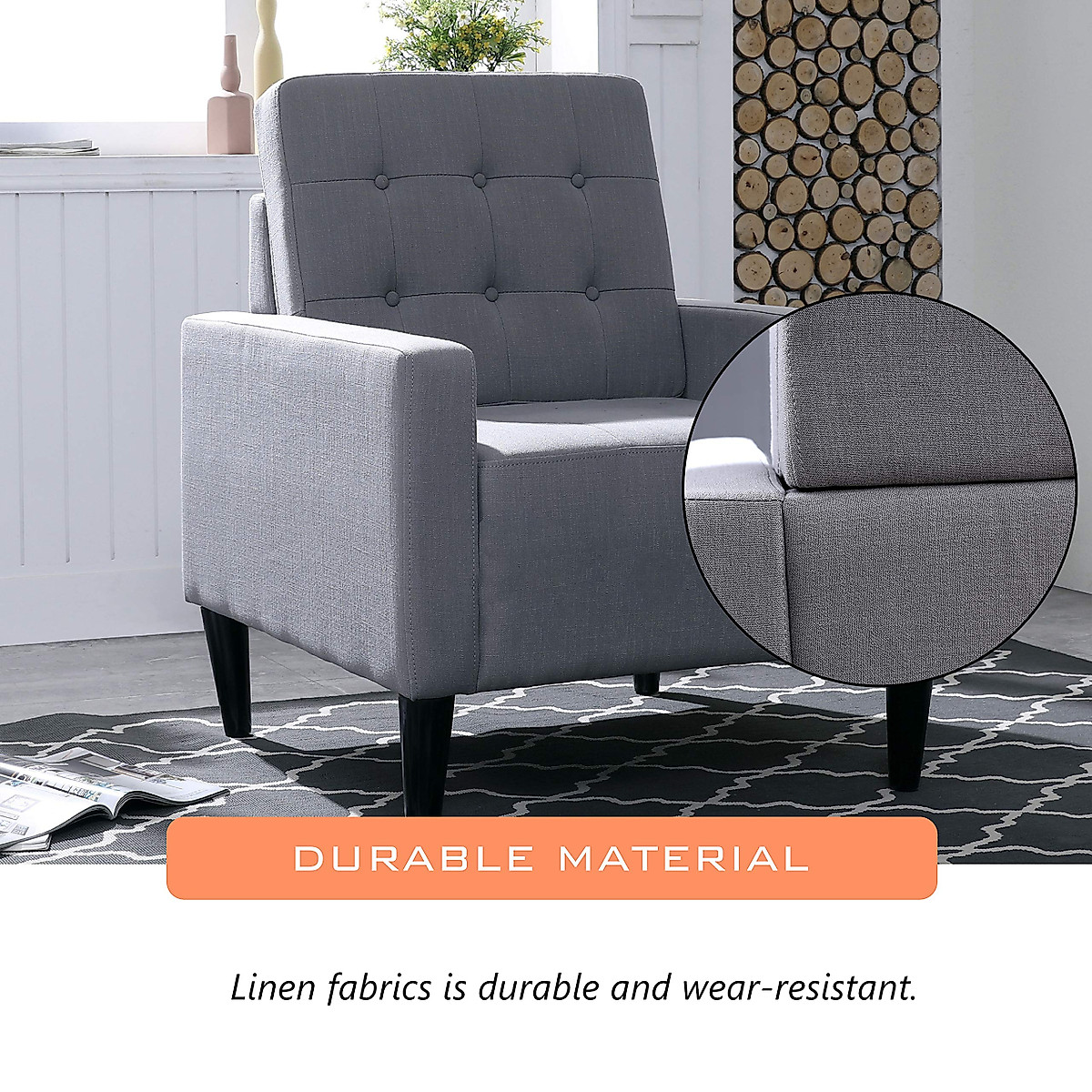 LOKATSE HOME Mid-Century Modern Accent Fabric Arm Chair Comfy Upholstered Single Sofa for Living Room Furniture, Style1, Gray（Style1）