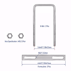FOCMKEAS 2 Sets 304 Stainless Steel Square U-Bolts 3.15"(80mm) Inner Width, 5.91"(150mm) Length Stainless M10 with Nuts, Frame Plate, Accessories for Automobiles Trailer, Boat Trailer Industrial Parts