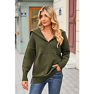 Womens 2024 Fall Lapel Collar Long Sleeve V Neck Ribbed Knit Loose Casual Pullover Sweater Jumper Top Army Green M