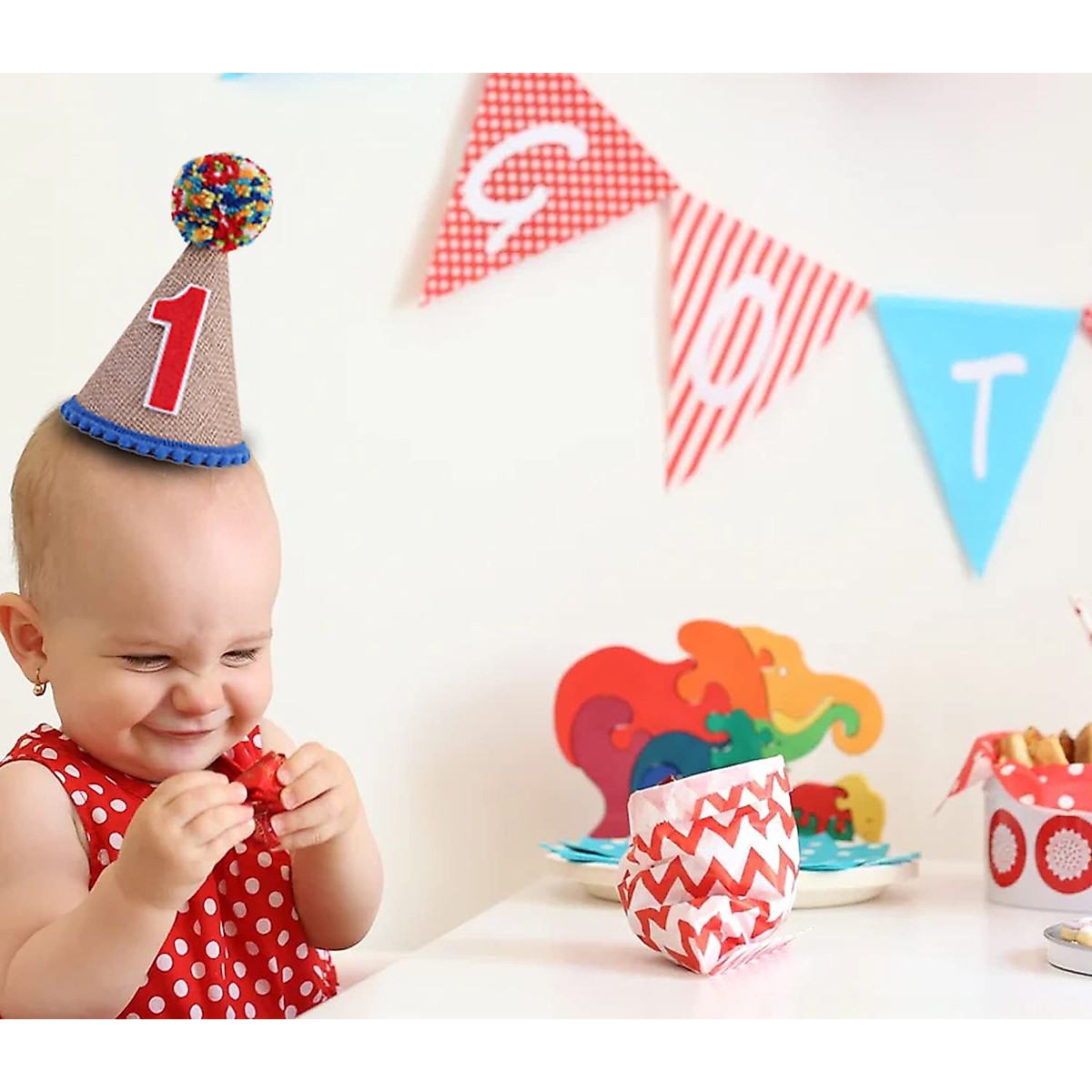 WAHAWU 1st Birthday Party Cone Hat - First Birthday Party Hat, Birthday Hats for Kids, Baby Girls/boys Birthday Cone Hat, Colored Fur Balls Hat, Party Photo Prop