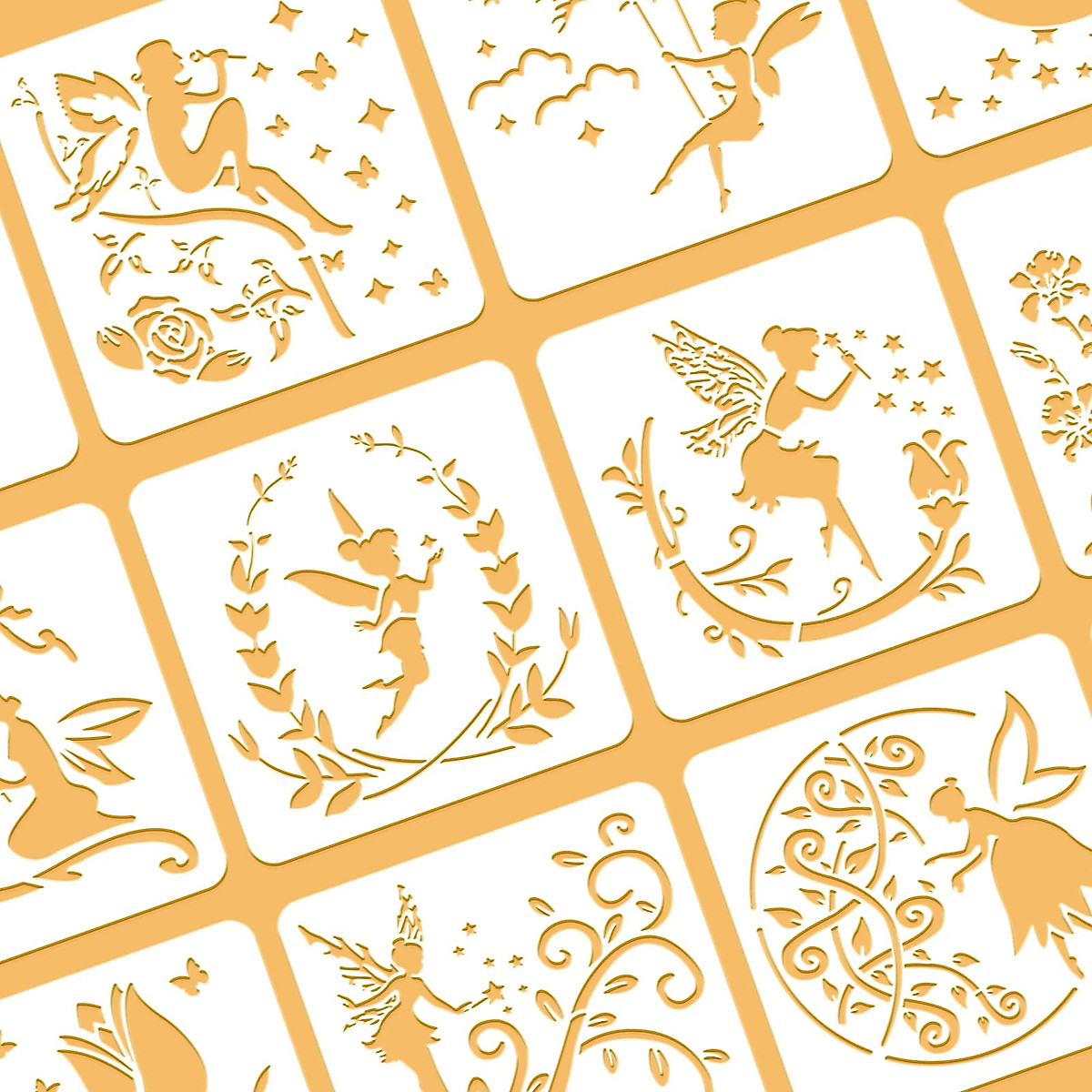 BENECREAT 12PCS Plastic Drawing Templates 12x12 Inches Angel & Fairy Moon Flowers Pattern Painting Template Stencil for Scrabooking Card Making, DIY Wall Floor Decoration