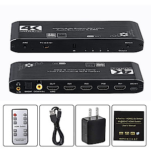 HDMI Switch 4x1 with Optical SPDIF/Coaxial/ 3.5mm L/R Audio Extractor, 4 in 1 Out 4K@60Hz HDMI Switcher Support HDMI 2.0b HDCP 2.2, ARC Function for Xbox, PS4,Blu-Ray Player (with Remote Control)