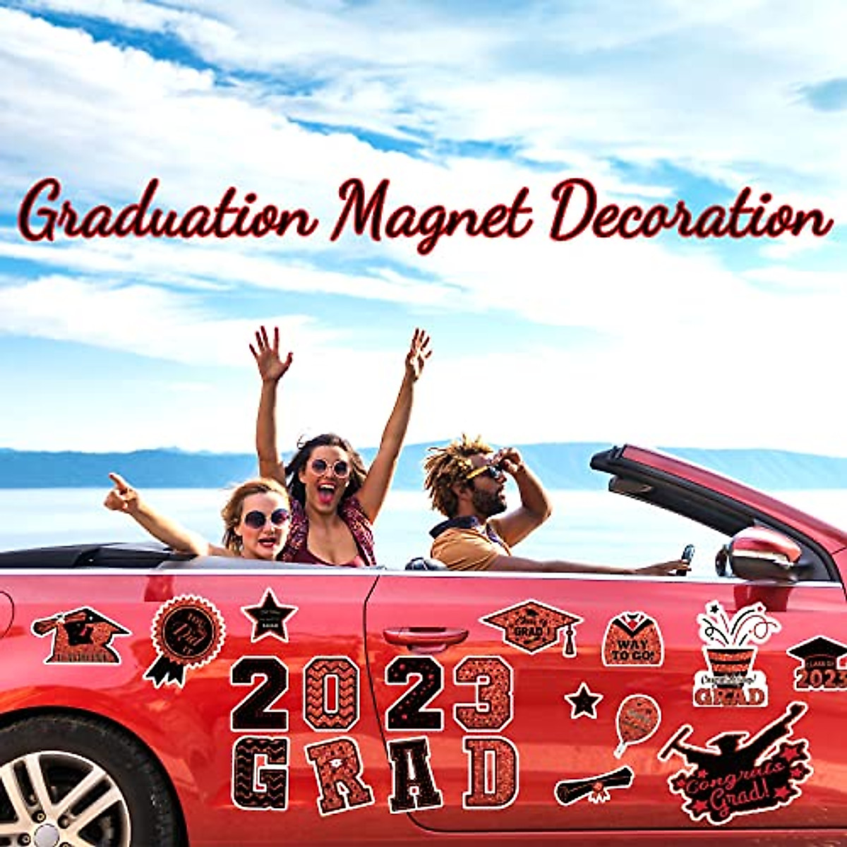 20 Pcs Graduation Car Magnets, 2023 Graduation Car Decorations, Class of 2023 Magnetic Stickers, Graduation Cap Decorations, Graduation Magnet Decals for Car Cruise Garage Door Metal Surface (Red)