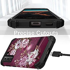Hocase for Galaxy S21 FE 5G Case, Heavy Duty Shockproof Protection Soft Silicone Rubber+Hard Plastic Bumper Hybrid Protective Case for Samsung Galaxy S21 FE (6.4" Display) 2021 - Burgundy Flowers