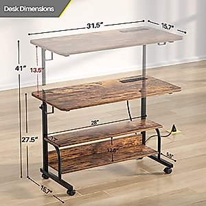 Height Adjustable Standing Desk with Power Outlets, 32" Manual Stand Up Desk with Storage Shelves Small Mobile Rolling Computer Desk Portable Laptop Table with Wheels for Home Office, Rustic