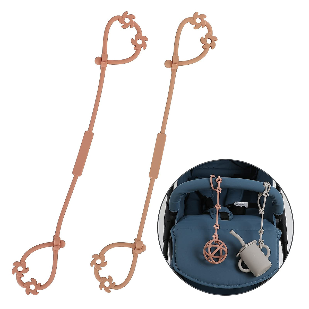 Toy Safety Straps, Silicone Pacifier Clips Sippy Cup Strap Stretchable Adjustable for Strollers, High Chair, Cribs, Hanging Baskets, BPA Free, 2 Pack (Muted+Apricot)