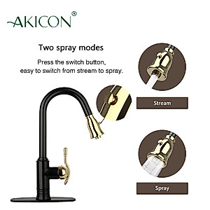 Two Tone Kitchen Faucet with Soap Dispenser and Air Gap, Single Handle Solid Brass High Arc Pull Down Sprayer Head Kitchen Sink Faucets with Deck Plate AK96415