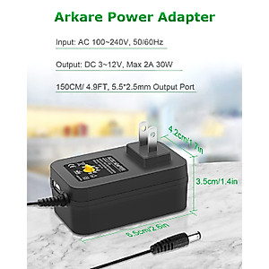 Arkare 30W Universal AC to DC Power Adapter Adjustable Power Supply 3V 4.5V 6V 9V 12V 2A 1A DC Adapter AC 100-240V to DC 3-12V Multi Voltage Switching Power Adapter with 15 Tips + Polarity Converter